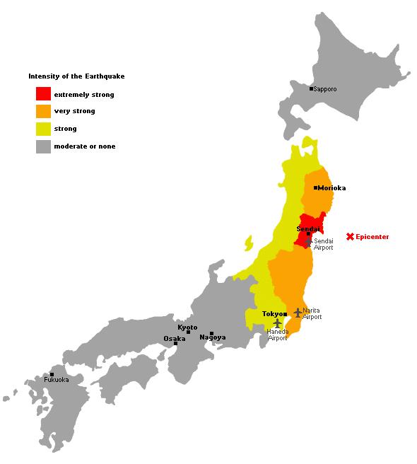 Japonsko tsunami mapa - mapa japonsko tsunami (Východní Asie - Asie)